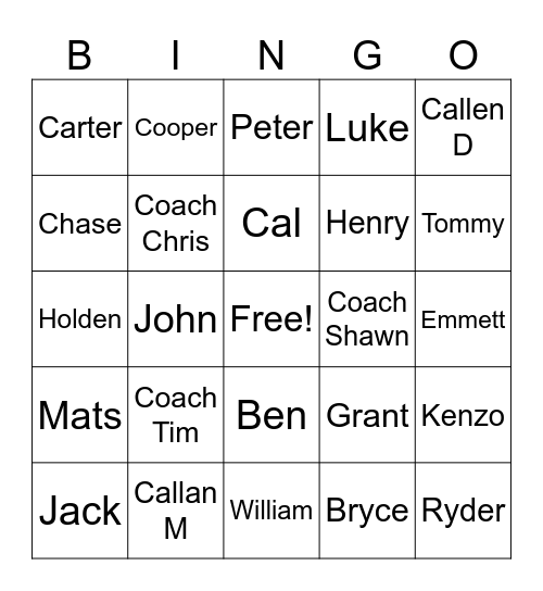 FCA 2036 Name Bingo Card