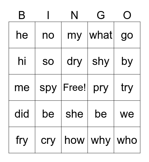Open syllable/One syllable Bingo Card