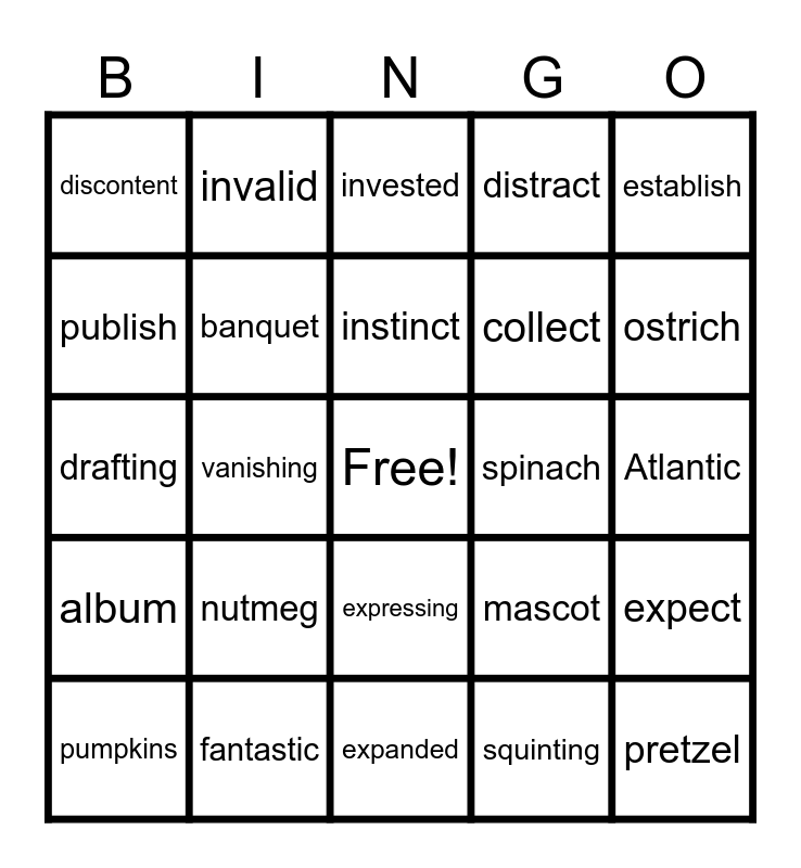 Closed Syllable Bingo Card