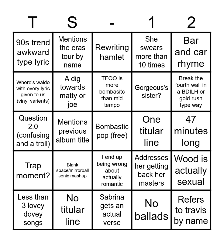 The life of a Showgirl Bingo card Bingo Card
