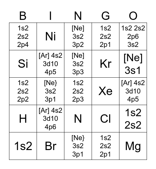 Electron Configuration Bingo Card