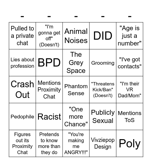 Proximity Chat Bingo Card