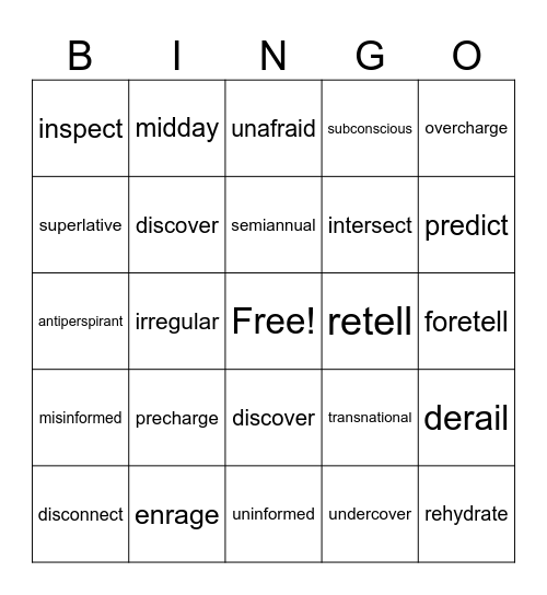 Prefix Bingo Card