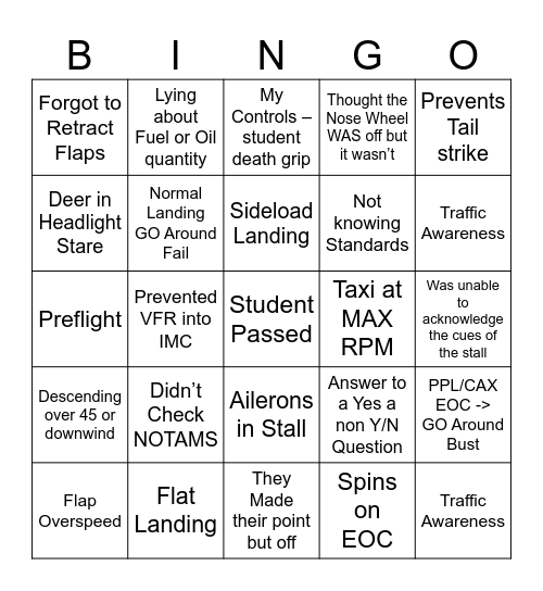 Stage Check Bingo Flight Bingo Card