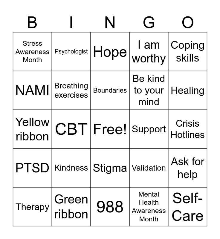 Mental Health Bingo Card