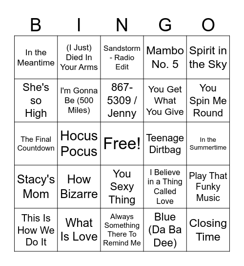 One Hit Wonders Bingo Card