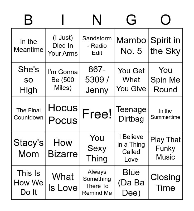 One Hit Wonders Bingo Card