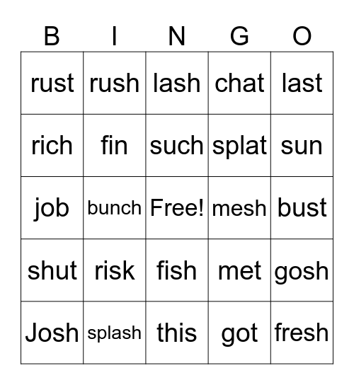 Digraph Sh & Ch Bingo Card