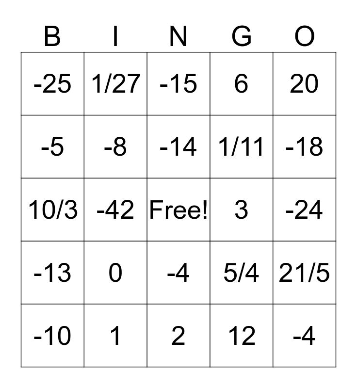 Integer Practice Bingo Card