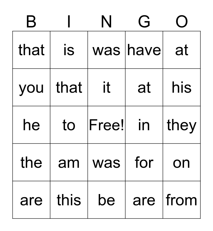 Snap Words Bingo Card