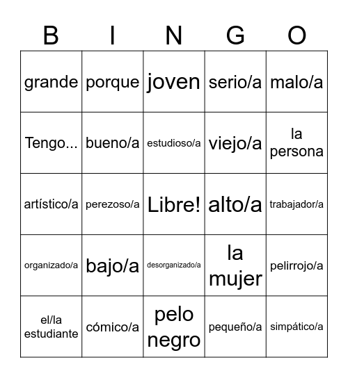 Avancemos 1 - Unidad 1.2 Vocabulary Bingo Card
