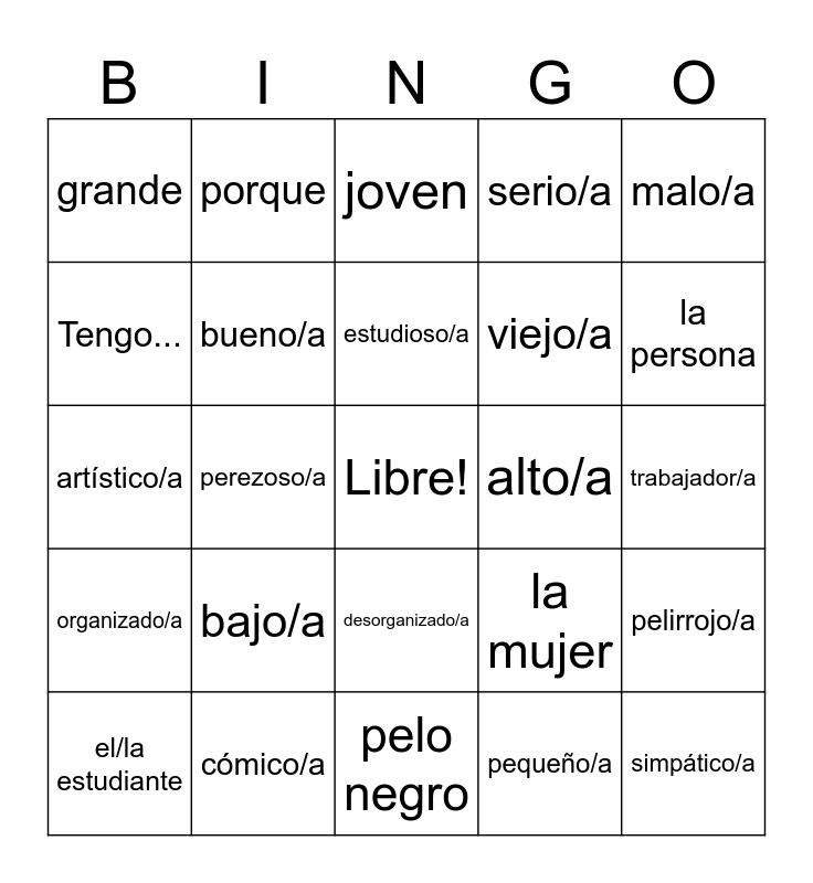 Avancemos 1 - Unidad 1.2 Vocabulary Bingo Card