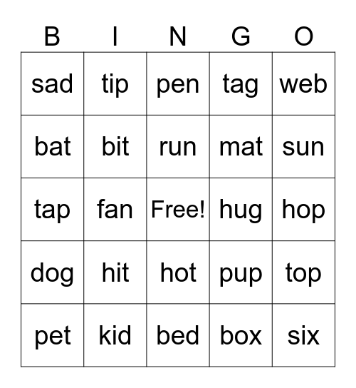 CVC Word Bingo Card