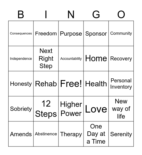 Recovery Bingo Card