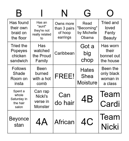 Black Girl Bingo Card