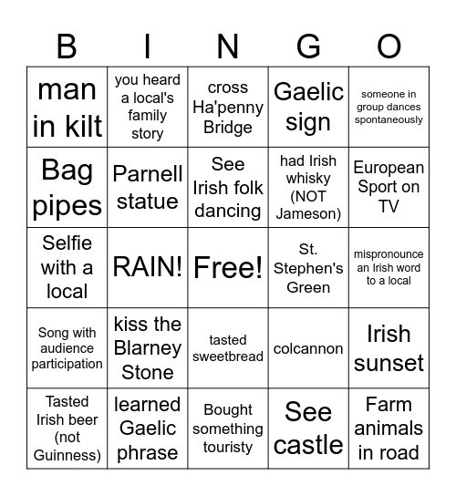 Trip to Ireland 2025! Bingo Card