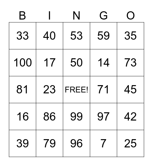 Numbers 1-100 Bingo Card