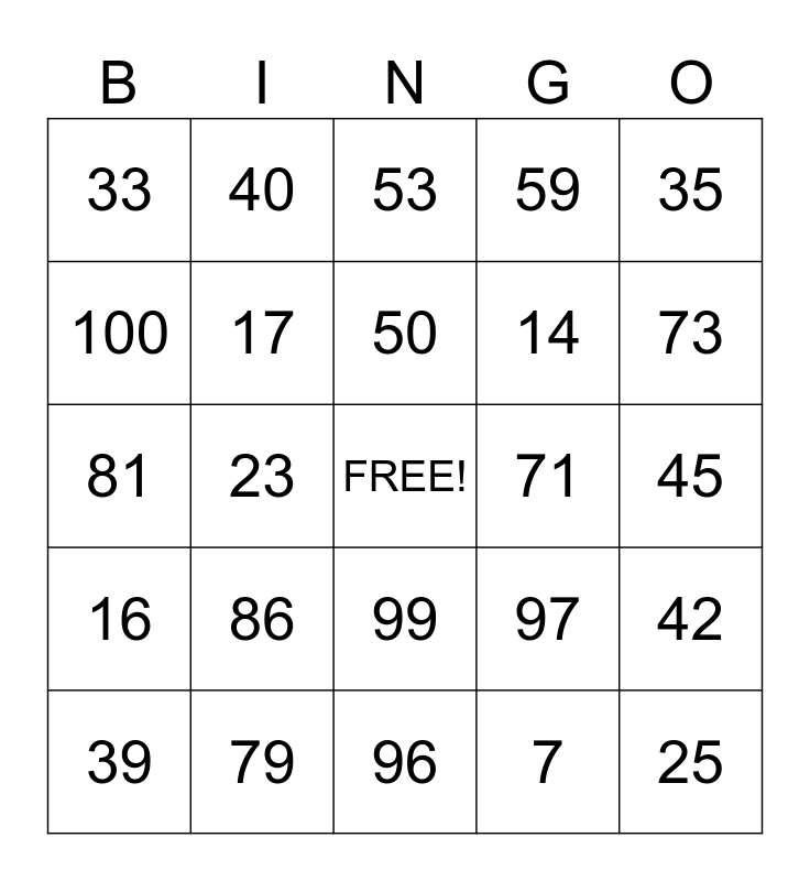 Numbers 1-100 Bingo Card