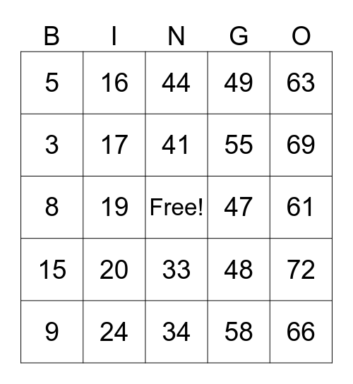 Bingo With Missing Numbers (28, Bingo Card