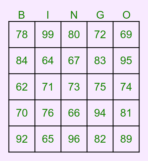 61-100 Bingo Card
