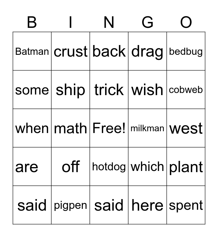 CVC compound words, HFW(some, was, said, have), review digraphs Bingo Card