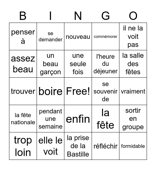 Vocabulaire Ch. 6: Presque Mort Bingo Card