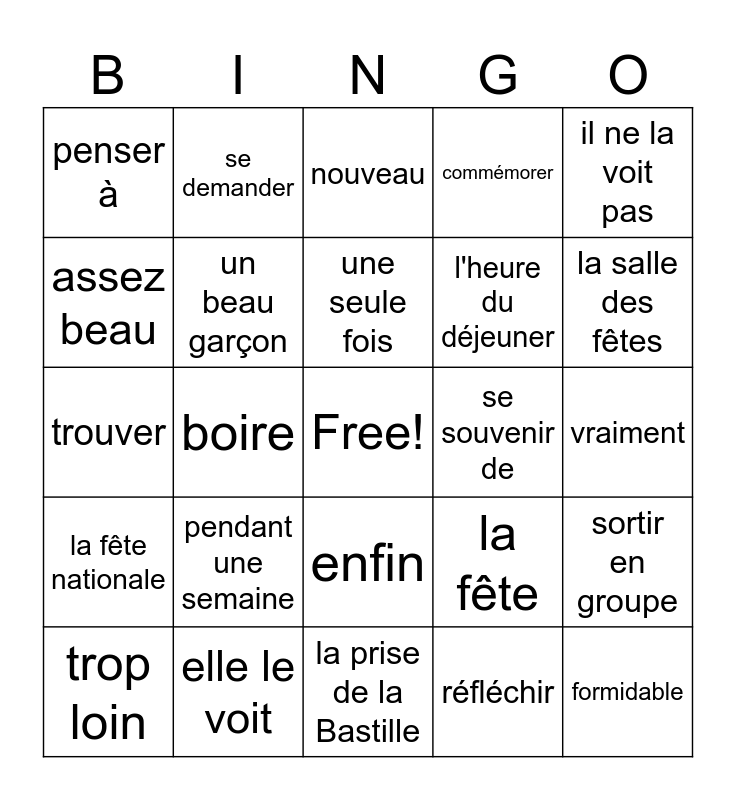 Vocabulaire Ch. 6: Presque Mort Bingo Card