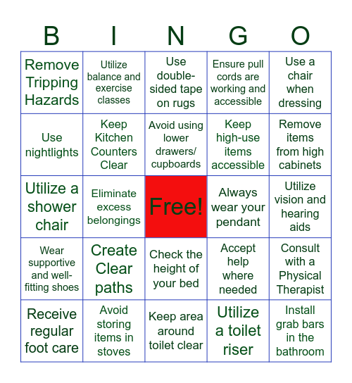 Fall Prevention Bingo Card