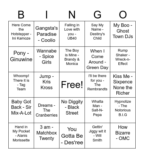 '90s Hits Essentials Bingo Card