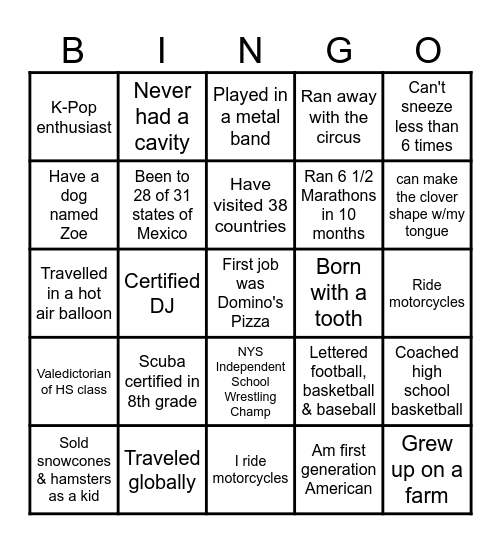 FFP Fun Fact Bingo Card