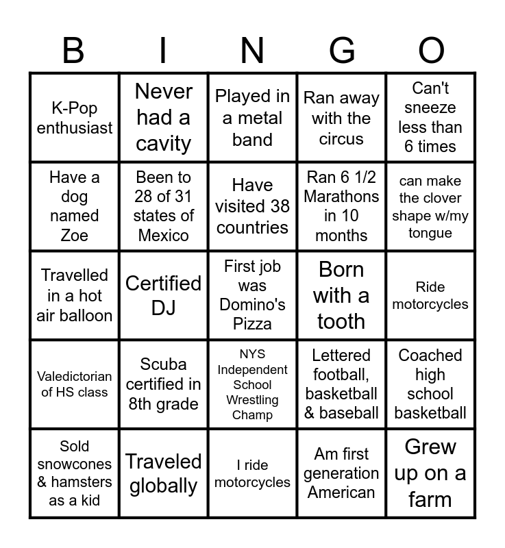 FFP Fun Fact Bingo Card