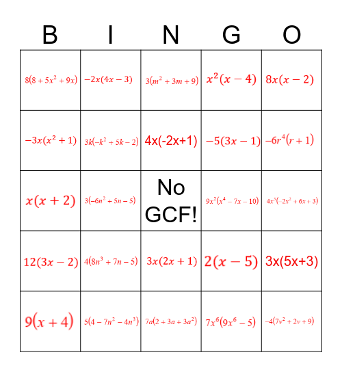 Factor Bingo Card