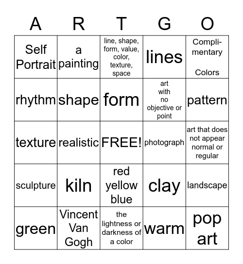 Art Assessment Bingo Card