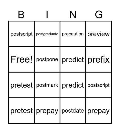 Pre/Post Vocabulary List Bingo Card