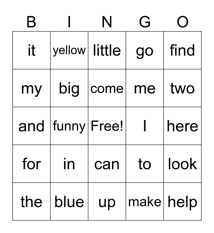 Pre-Primer Dolch Sight Word Bingo Card