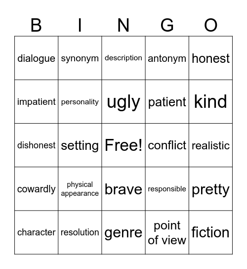 Fiction Vocabulary Bingo Card