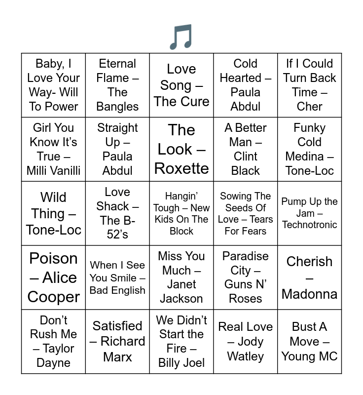 TOP HITS OF 1989 Bingo Card