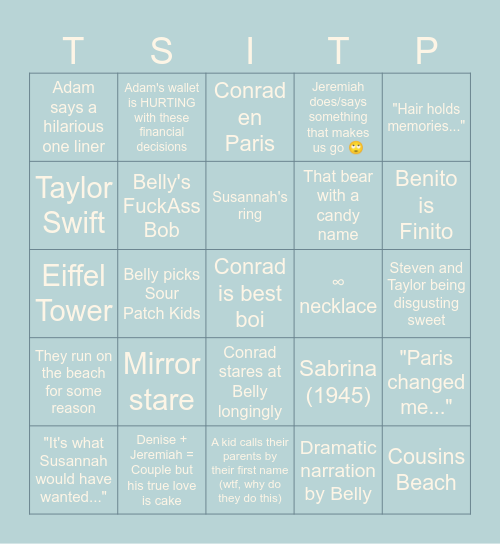 TSITP Season Finale Bingo Card