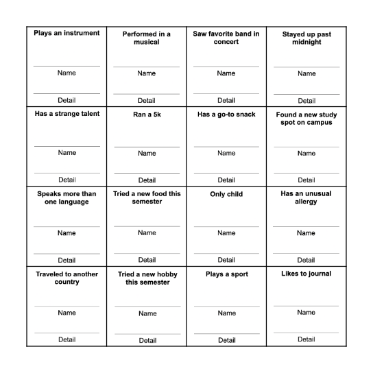 Bonding Bingo Card
