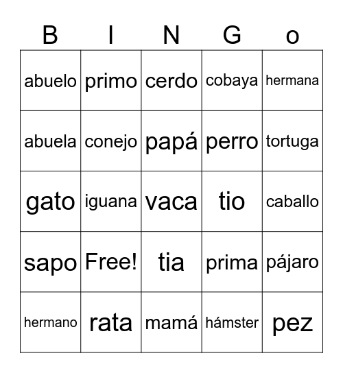 Familia y Mascotas Bingo Card