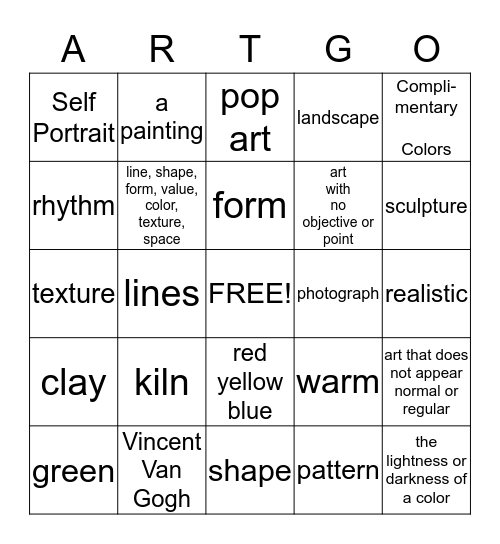 Art Assessment Bingo Card