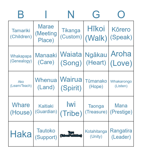 Te Reo Bingo Card