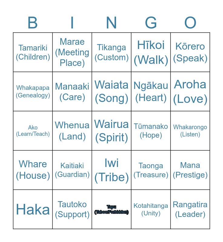 Te Reo Bingo Card