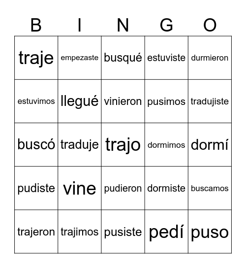 lotería de verbos Bingo Card