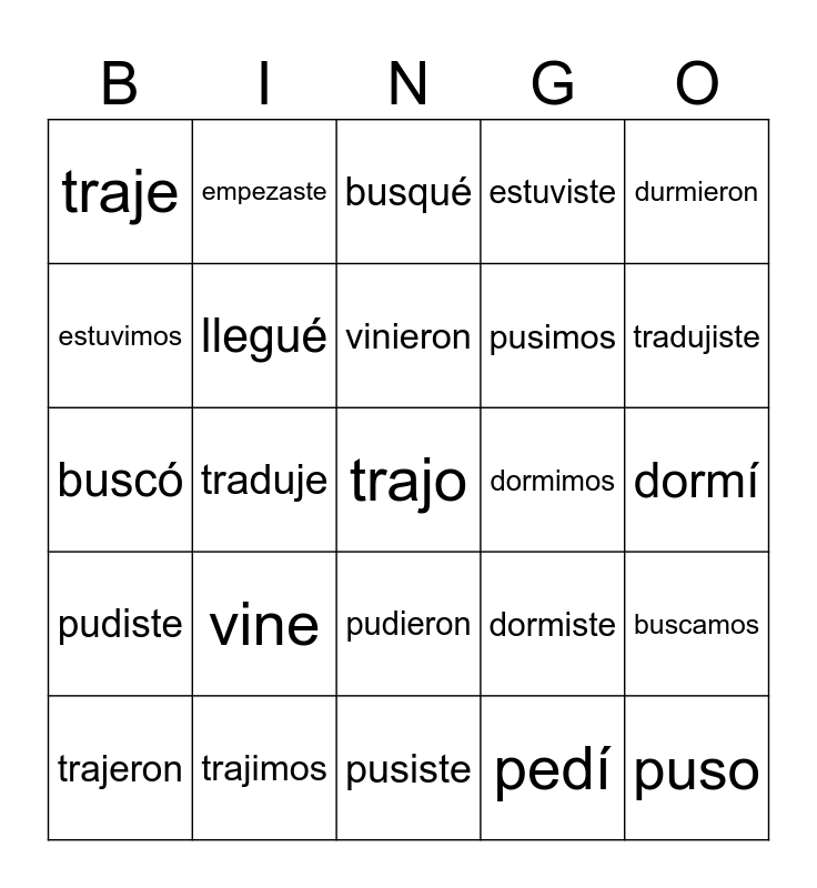lotería de verbos Bingo Card