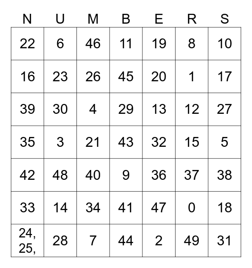 0-49 Numbers Bingo Card