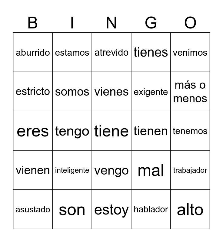 verbos y adjetivos Bingo Card