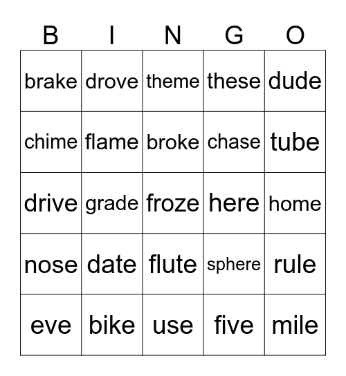 VCe Words Bingo Card
