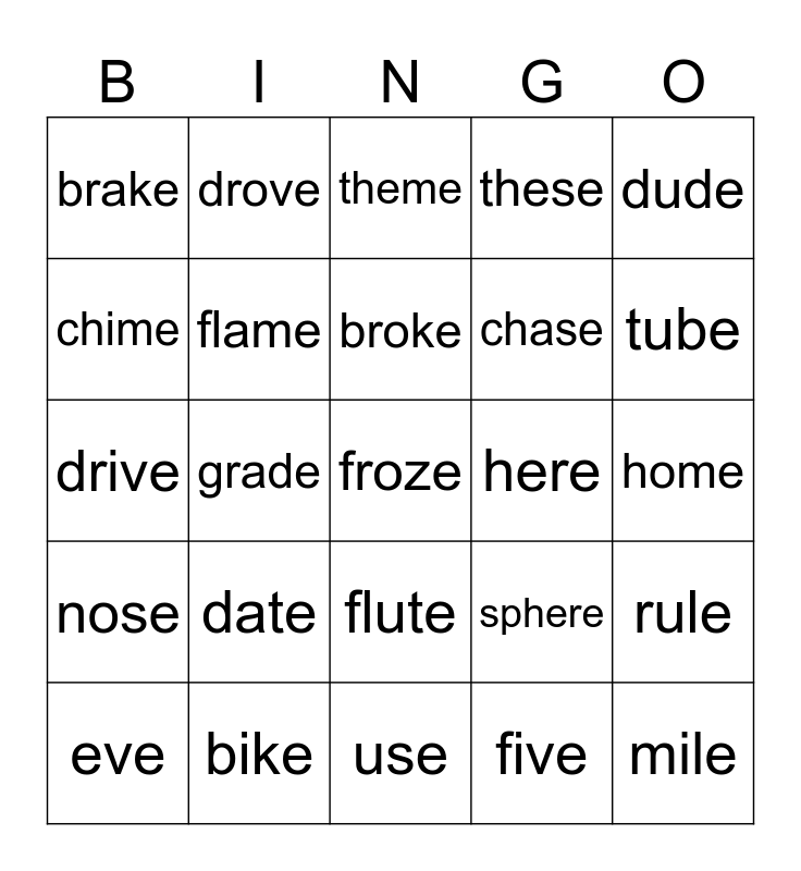 VCe Words Bingo Card