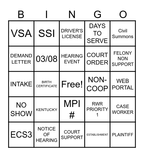 CHILD SUPPORT Bingo Card